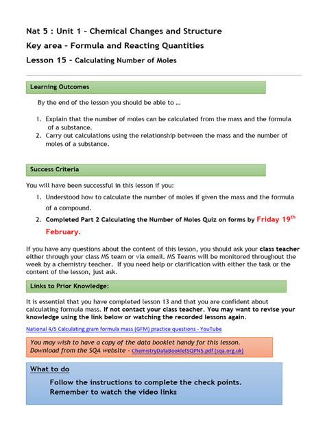 Week 6 Lesson 15 Calculating Number Of Moles Download Free Pdf Mole Unit Chemistry
