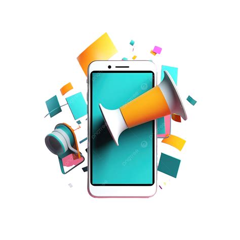 화려한 배경 3d 렌더링에 격리된 사업 아이디어 개념을 위한 메가폰 일러스트가 있는 스마트 폰 정보 주목 마케팅 Png 일러스트 및 이미지 에 대한 무료 다운로드