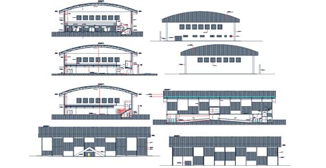 Front Rear And Side Elevation And Section Design Of The Factory Building Download Dwg File