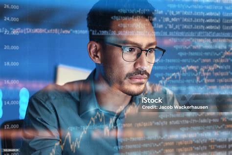 Computer Code Hologram And Business Man In Data Analysis Coding