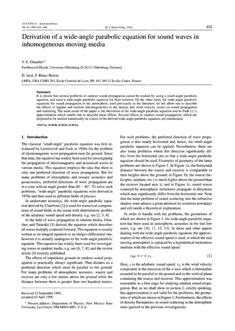 Pdf Derivation Of A Wide Angle Parabolic Equation For Sound Waves In Inhomogeneous Moving Media