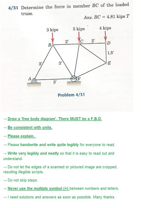 Solved 4 31 Determine The Force In Member Bc Of The Loaded