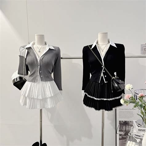 이프유마인 Y2k하이틴유니크 일체형 여름 던유 페이크 이중 배색 셔츠 카라 브이넥 단추 레이어드 이너 무지 골지 긴팔 크롭 니트 가디건 4color