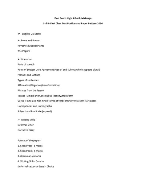 Std 8 First Class Test Portion And Paper Pattern 2024 Pdf