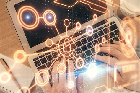 Premium Photo Double Exposure Of Mans Hands Typing Over Computer Keyboard And Social Network