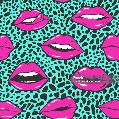 미용 메이크업 미용 패션 완벽 한 패턴입니다 벡터 빨간 분홍색 입술 패치 팝 아트 8090 년대 스타일에 낙서 여자의 섹시 한 감정 입입니다 0명에 대한 스톡 벡터 아트 및
