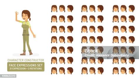 작업자 작업 바지 캐릭터 얼굴 식에서 성인 여자 플랫 스타일에서 설정 하는 영 벡터 앞 반 측면 측면 보기 감정에 대한 스톡