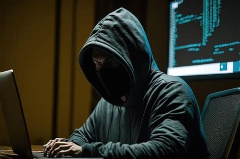 Premium Photo Hacker Sitting At A Table In Front Of The Monitor Wearing A Black Mask And Hood