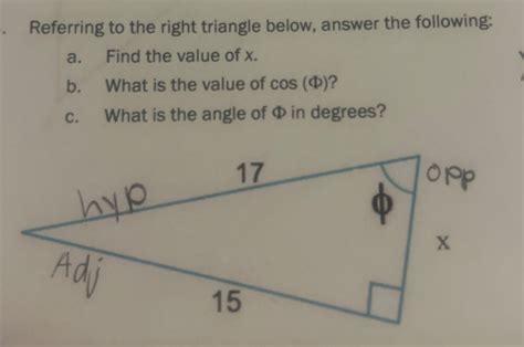 solved referring to the right triangle below answer the