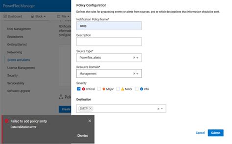 powerflex manager platform creating smtp alarm policy fails with data