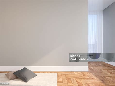 회색 빈 벽 베개 카펫 커튼 및 헤링 본 나무 바닥 빈 인테리어 3d 렌더 그림 모의 업 0명에 대한 스톡 사진 및 기타 이미지