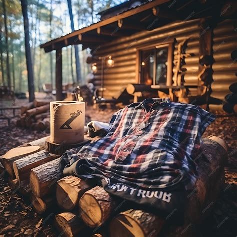premium ai image flannel shirt cabin in the woods background with axe