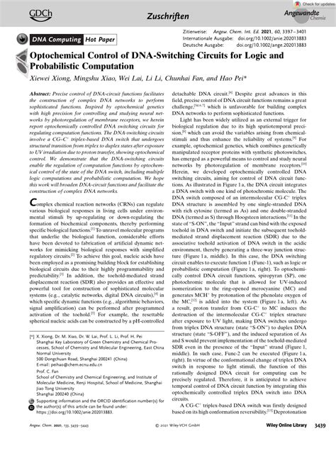 Pdf Optochemical Control Of Dna Switching Circuits For Logic And
