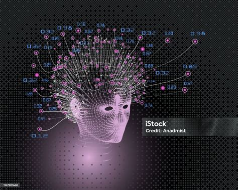 여자 머리 그리드 빅 데이터 개념 추상 인공 지능 배경입니다 기계 학습 미적 디자인입니다 다각형 헤드 사이드 뷰와 숫자 가상