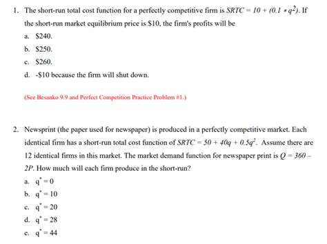 solved 1 the short run total cost function for a perfectly