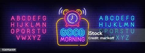 좋은 아침 네온 사인 밝은 간판 빛 배너입니다 좋은 아침 로고입니다 네온 사인 크리에이터 네온 텍스트 편집 디자인 서식 파일입니다 벡터 일러스트 시간에 대한 스톡 벡터 아트