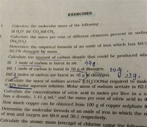 Exercises 1 Calculate The Molecular Mass Of The Following I H2 O Ii