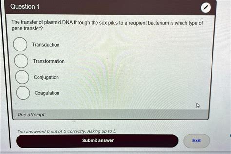 Question 1 The Transfer Of Plasmid Dna Through The Sex Pilus To A Question 1 The Transfer Of Plasmid Dna Through The Sex Pilus To A