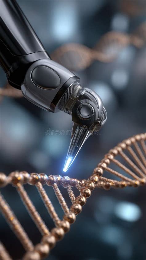 Metallic Robotic Arm Interacting With Dna Double Helix Structure In A Futuristic Research