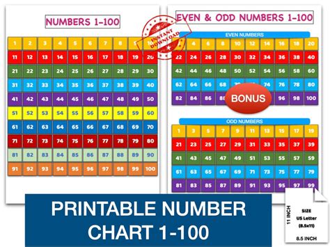 Printable Number Chart 1 100 Even And Odd Numbers Counting Etsy Norway