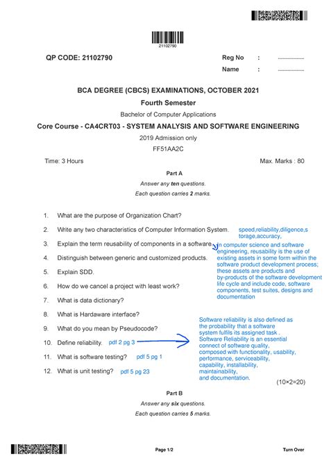 Bca Sem System Analysis And Software Engineering Oct QP CODE Reg No