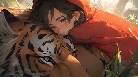 Sad Anime Girl With Tiger Desktop Wallpaper Anime Wallpaper 4k