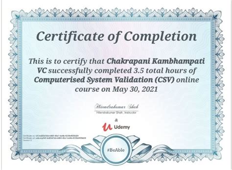 Chakrapani K V C On Linkedin Csv Computerised System Validation Course Completion Certificate