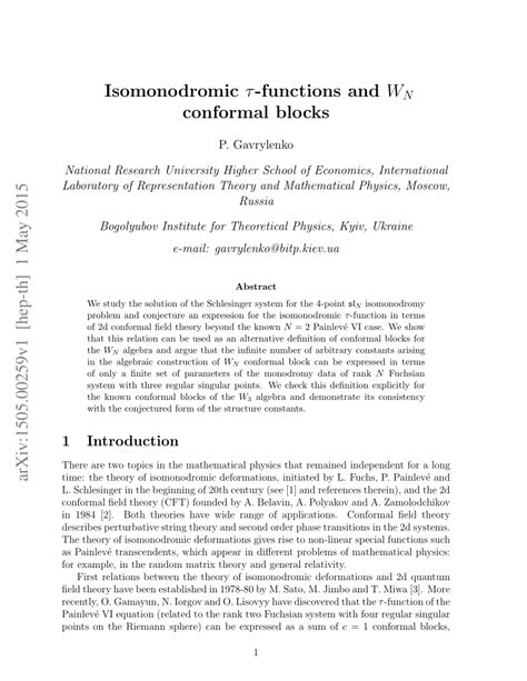 Pdf Isomonodromic τ Functions And W N Conformal Blocks