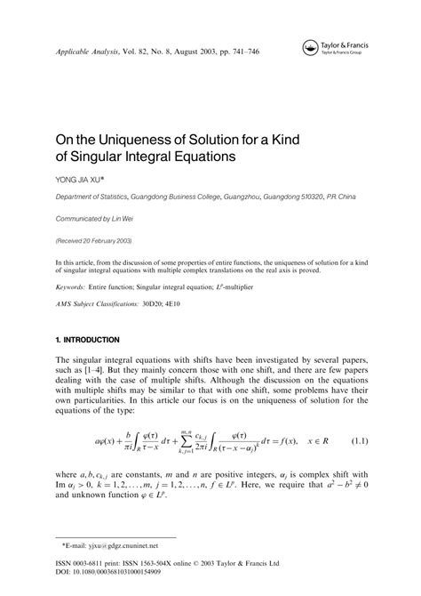 Pdf On The Uniqueness Of Solution For A Kind Of Singular Integral