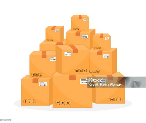 깨지기 쉬운 표지판과 화물 표시가있는 골판지 상자 더미 밀봉 된 소포 배달을 위해 쌓인 판지 상자 더미 벡터 그림입니다 3차원 형태에 대한 스톡 벡터 아트 및 기타 이미지