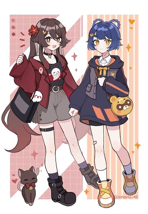 Hu Tao Boo Tao Xiangling And Guoba Genshin Impact Drawn By Ameoto 00 Danbooru