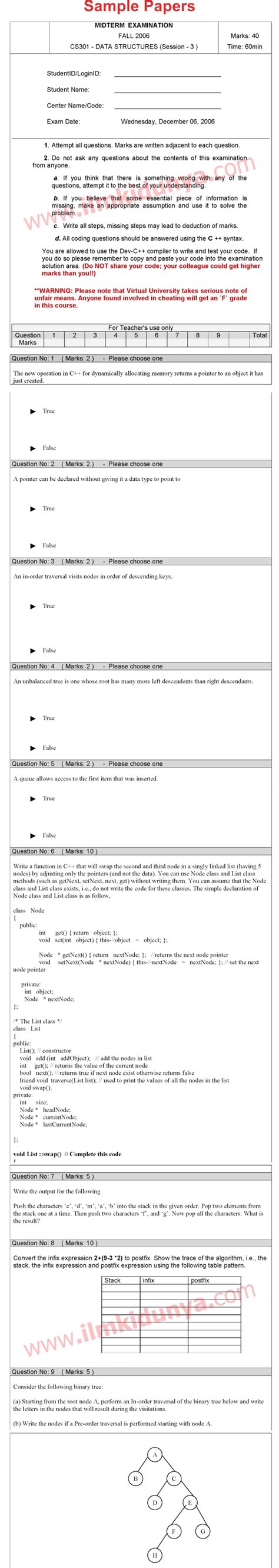 Cs301 Data Structures Ad Computer Networking Vu Past Papers 2006 Mid