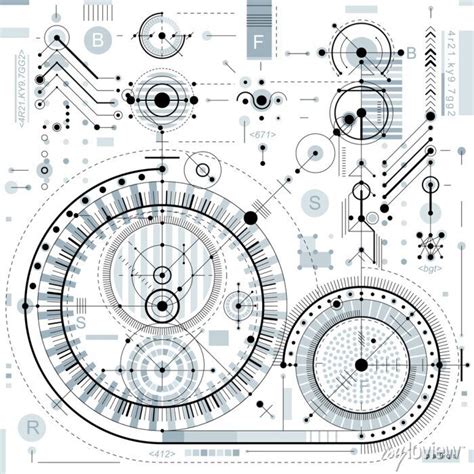 Technical Drawing With Dashed Lines And Geometric Shapes Vector