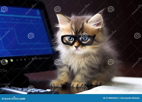 Programming Coding On Screen Of Monitor And Student Kitten In Glasses
