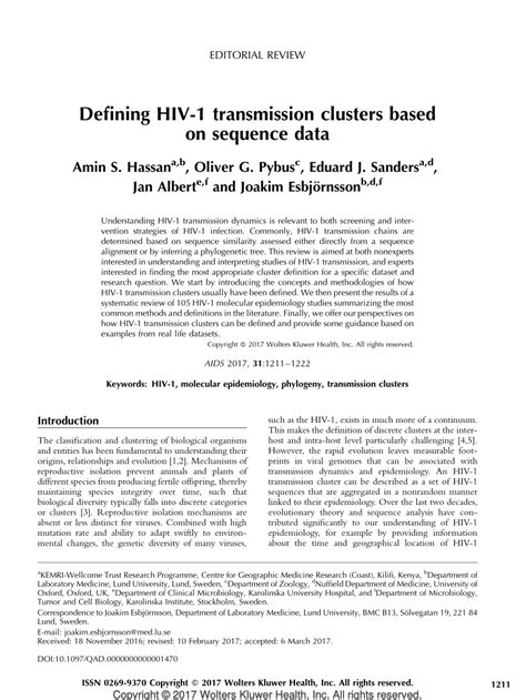 Pdf Defining Hiv 1 Transmission Clusters Based On Sequence Data A