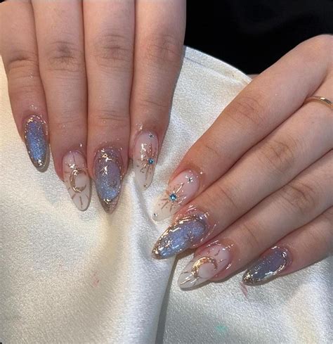 Fairy Galaxy Sky Blue Cat Eye 3d Golden Moon Stars Lines Press On Nails