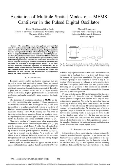 Pdf Excitation Of Multiple Spatial Modes Of A Mems Cantilever In The Pulsed Digital Oscillator