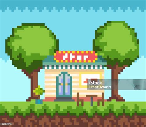 지상 잔디 나무 하늘과 집 픽셀 아트 게임 장면 픽셀화 된 인터페이스 레이아웃 디자인 모자이크 처리에 대한 스톡 벡터 아트 및 기타 이미지 Istock