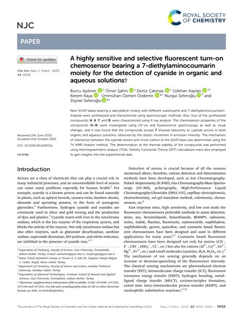 Pdf A Highly Sensitive And Selective Fluorescent Turn On Chemosensor