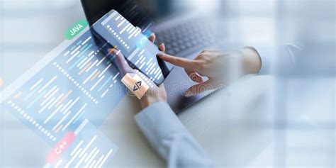 Software Development And Programming Languages Displayed On A Virtual Coding Interface Stock