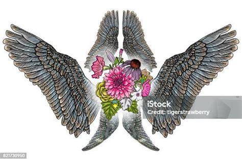 로즈 그리고 천사 또는 새 날개와 꽃입니다 빈티지 꽃입니다 매우 상세한 Blackwork 문신 플래시 개념 흰색 절연 날개 고 피 릴리 장미 여성의 스타일에 그리기