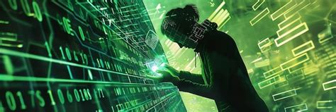 Hacker Cracking Encryption Codes On A Greenlit Screen Surrounded By Complex Digital Graphics