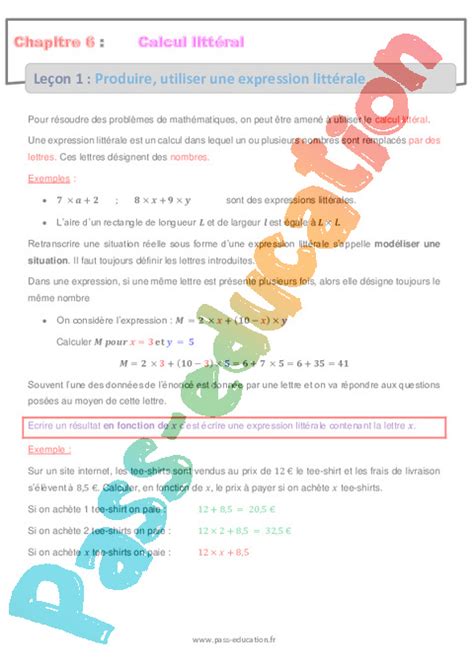 Produire Utiliser Une Expression Littérale Calcul Littéral Cours 1ere Secondaire Cycle