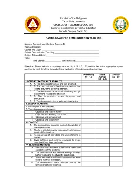 Teaching Demo Rating Scale Pdf