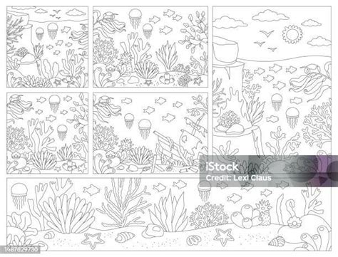 벡터 흑백은 바다 풍경 아래 설정된다 해초 돌 산호가 있는 해양 생명선 장면 모음 귀여운 가로 정사각형 세로 물 자연 배경