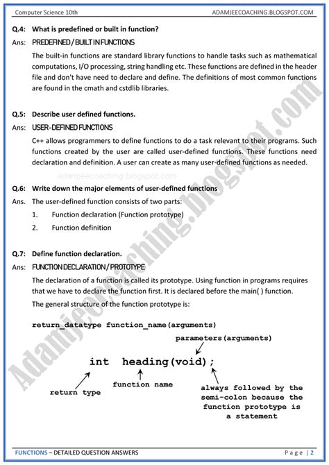 Adamjee Coaching Functions Detailed Question Answers Computer Science Th