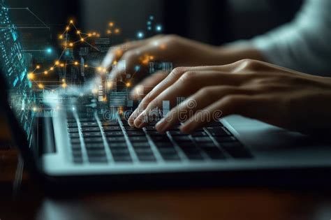 Business Person Analyzes Big Data On Laptop Person Types On Keyboard Data Visualization On