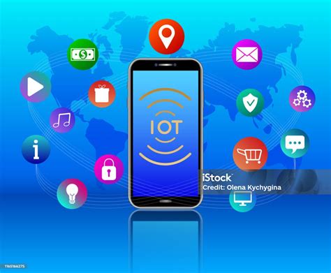 사물 인터넷 개념 무선 네트워크 휴대 전화 터치 스크린에 Iot 세계지도와 파란색 배경에 다채로운 미디어 아이콘스마트 폰 배너 포스터 전단지용 템플릿 디자인 개념에 대한