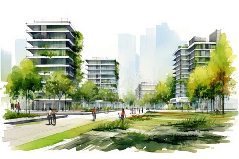 Architectural Sketch Of Modern City Center Buildings With Green Spaces