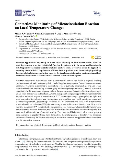 Pdf Contactless Monitoring Of Microcirculation Reaction On Local